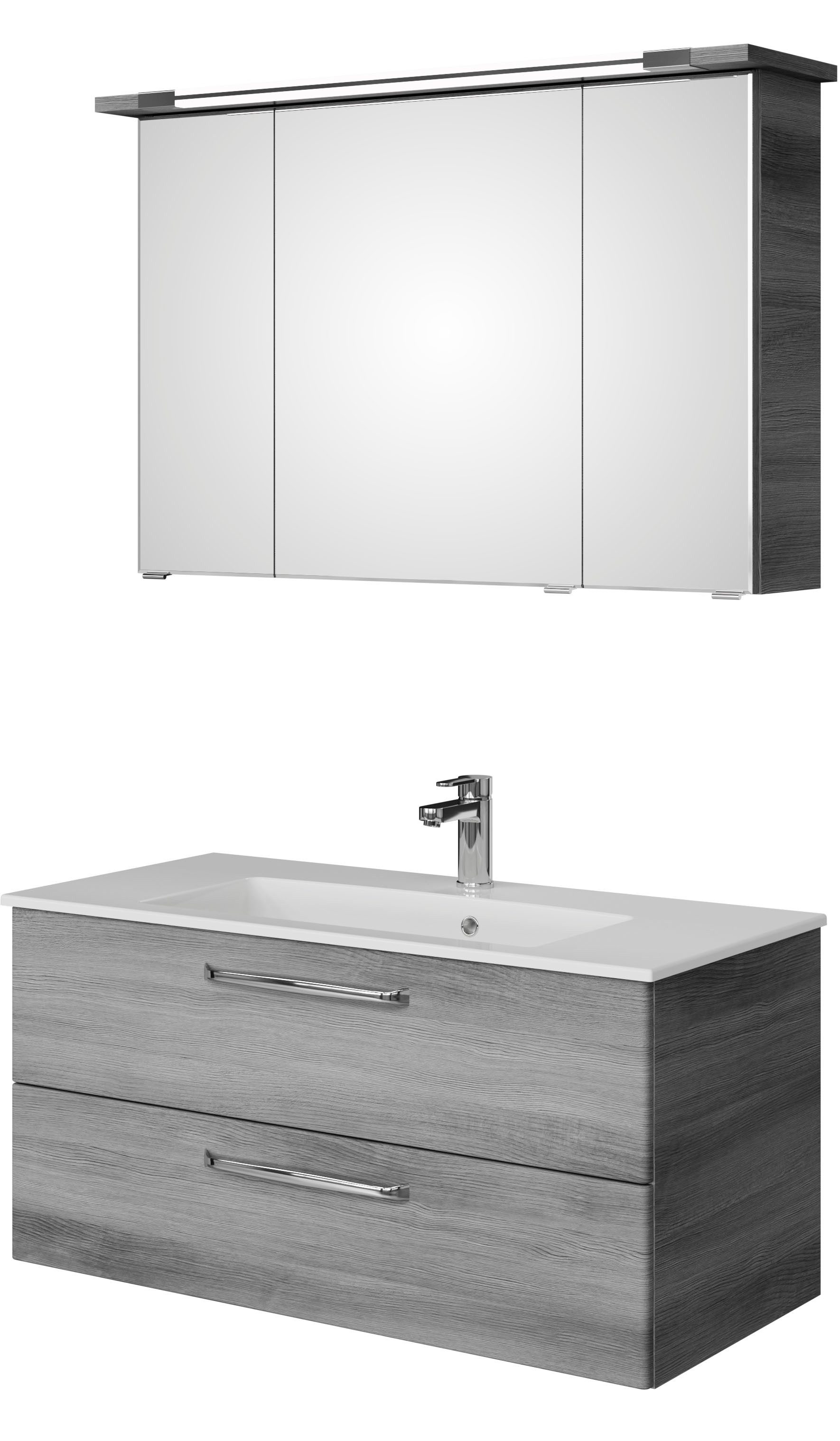 Saphir Badmöbel-Set Trentino 2-tlg Mineralmarmor-Waschtisch, Spiegelschrank mit LED-Profil, (3 ...